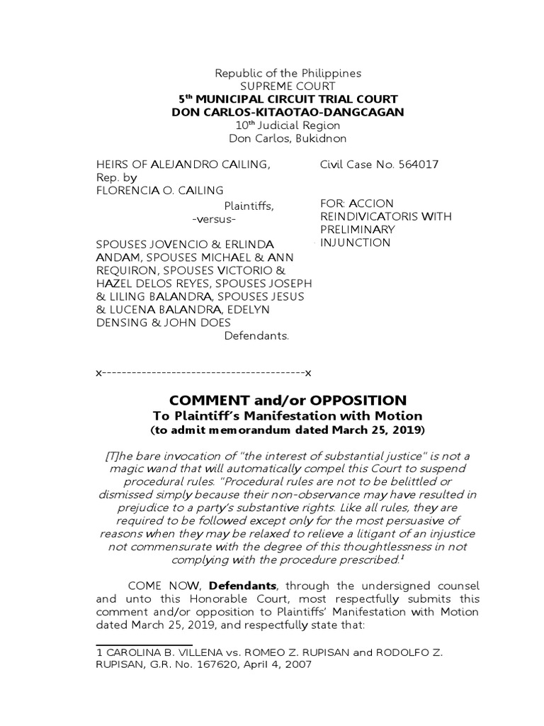 Comment Opposition To Manifestation With Motion Densing | PDF ...