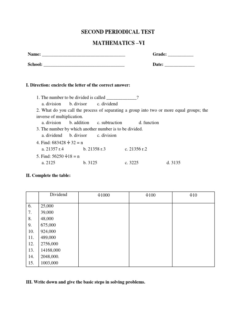 Mathematics VI Second Periodical Test | PDF | Business | Teaching ...