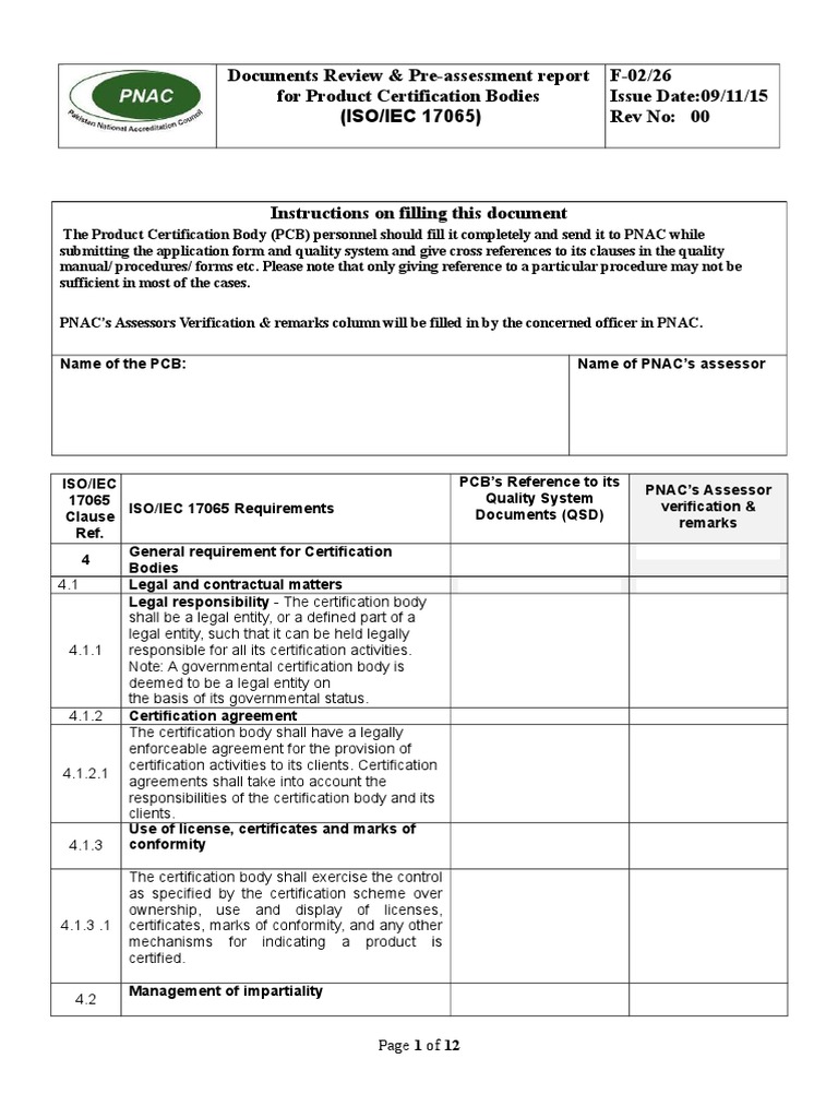 F 0226 Document Review and Pre Assessment Report ISO 17065 Rev. No. 00 ...