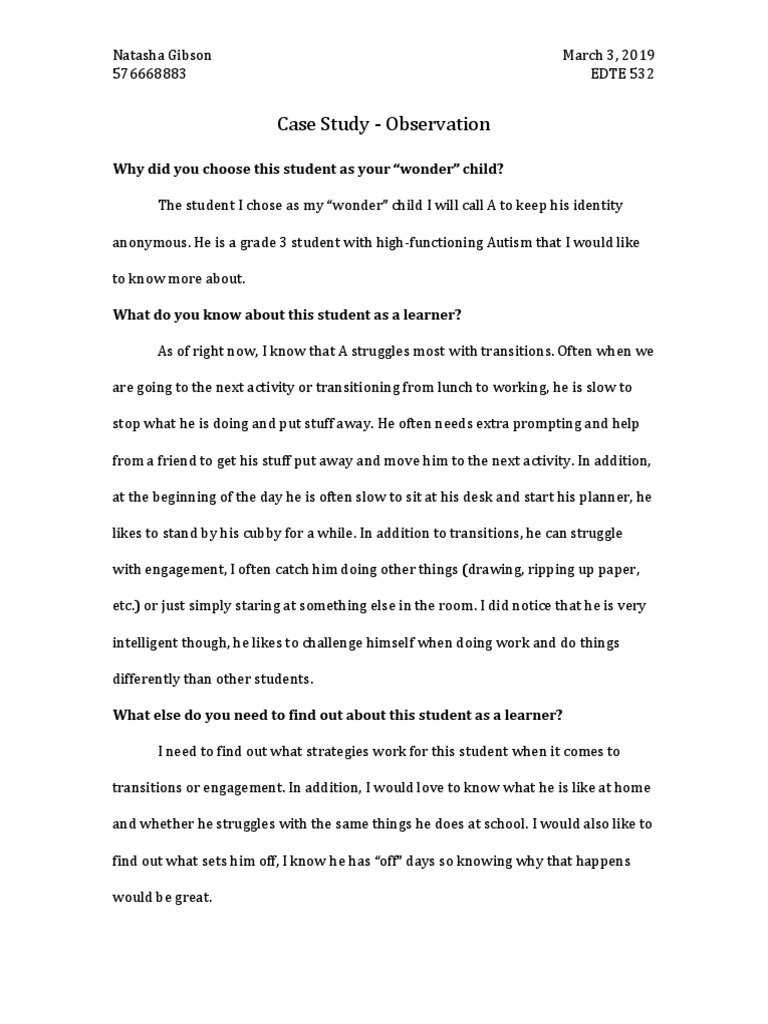 Case Study - Observation | PDF | Inclusion (Education) | Classroom