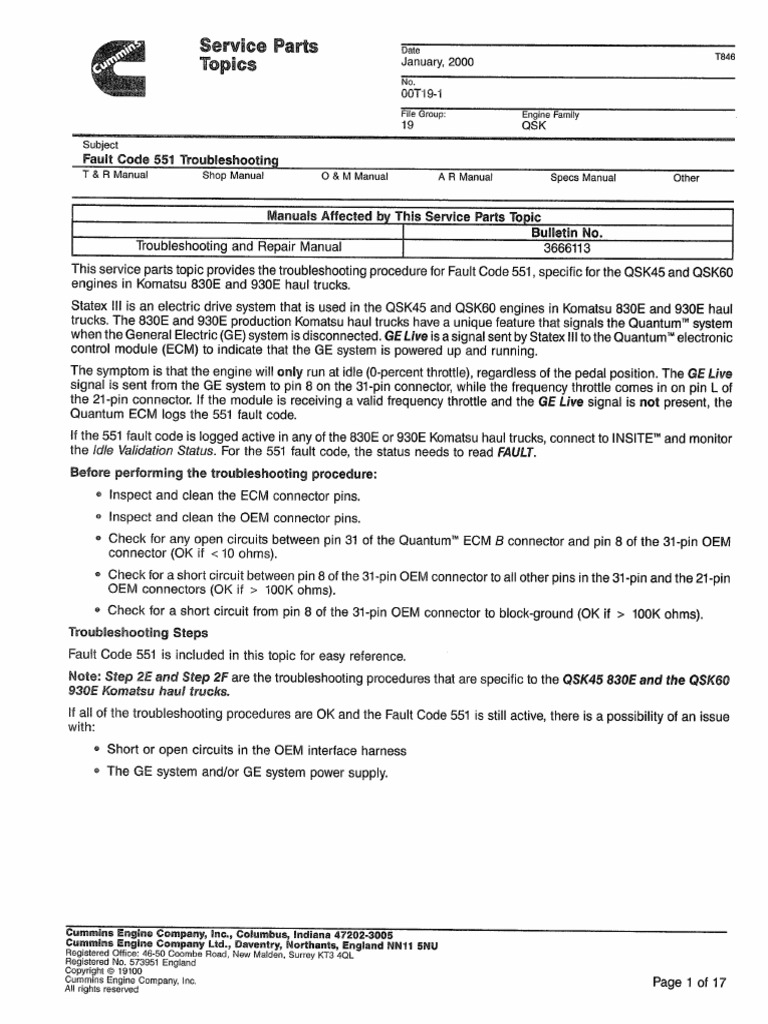 Cummins SPT00T19 1 Faul Code 551 Troubleshooting | PDF