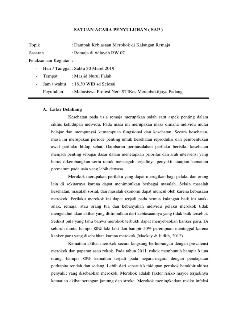 Satuan Acara Penyuluhan Bahaya Rokok Pada Remaja | PDF