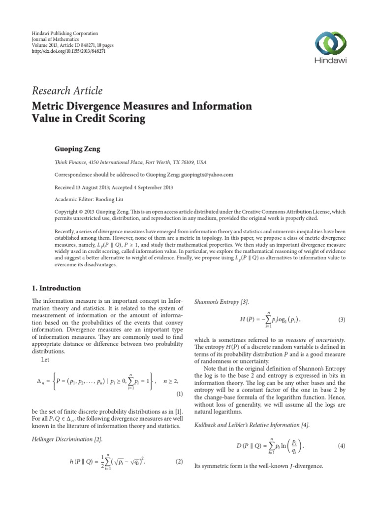 Metric Divergence Measures and IV in Credit Scoring PDF | PDF | Mathematical Objects | Teaching ...