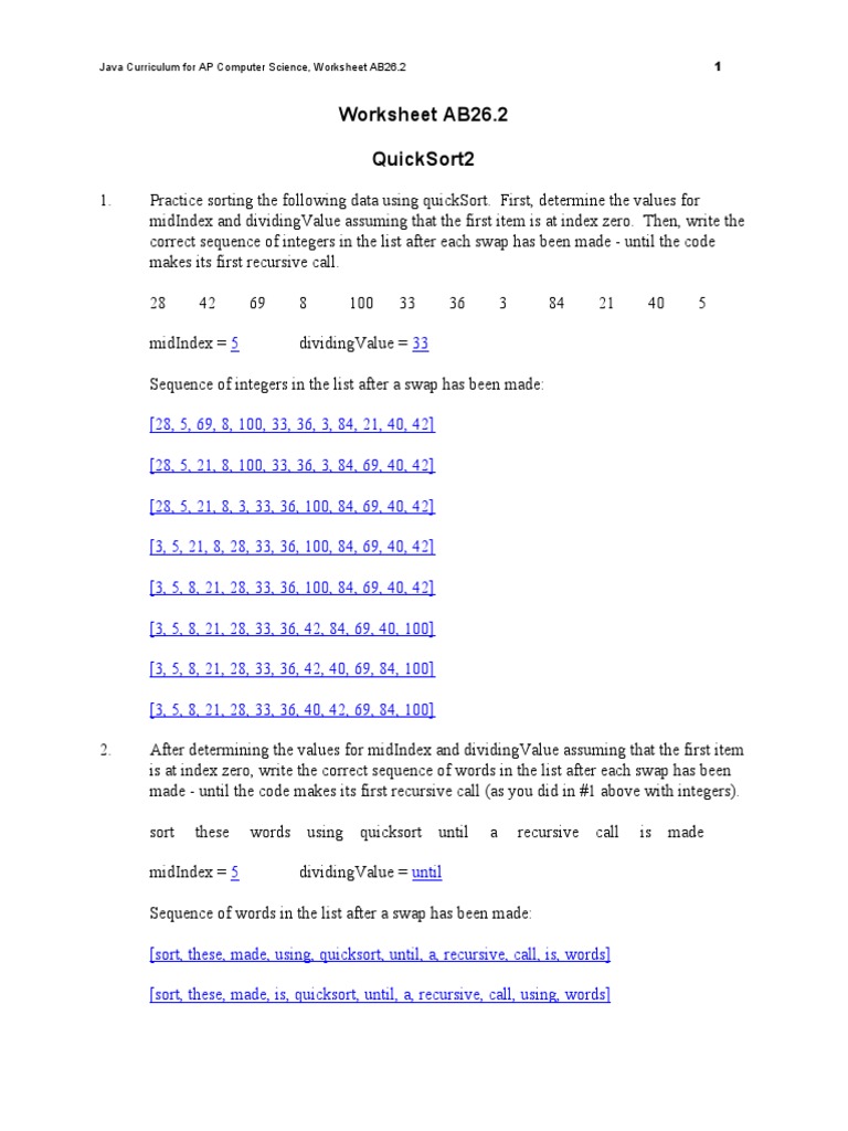 Worksheet AB26.2 - QuickSort2 | PDF | Computers | Technology & Engineering