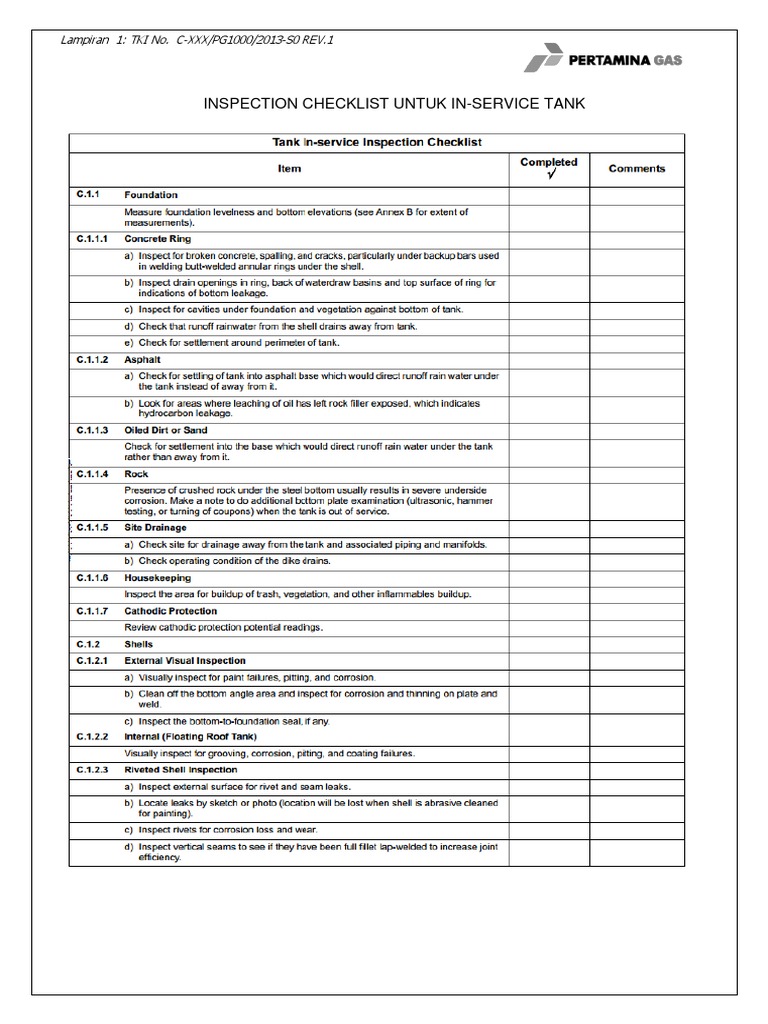 Lampiran 1 - Inspection Checklist Untuk In-Service Tank | PDF ...