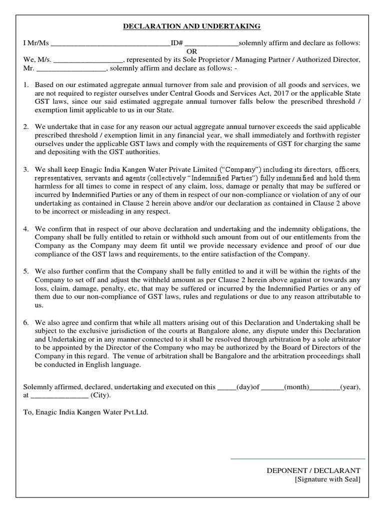 GST Declaration and Undertaking 2 | Download Free PDF | Indemnity ...