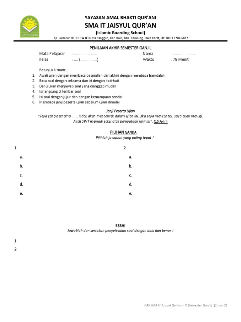 Format Lembar Soal PAS | PDF