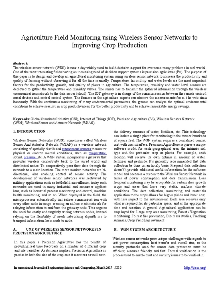 Agricultural Crop Monitoring | PDF | Wireless Sensor Network | Internet ...