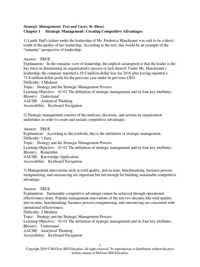 Dess9e Chapter01 TB Answerkey | PDF | Strategic Management | Goal