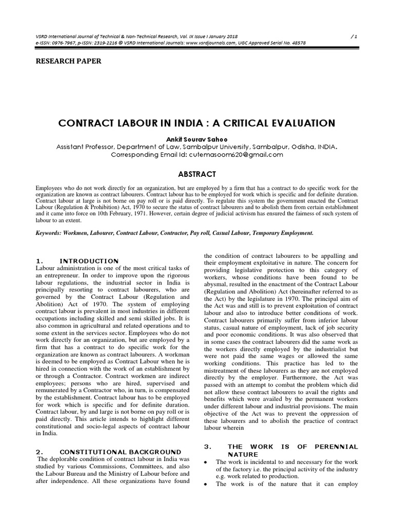 Contract Labour in India: A Critical Evaluation: Research Paper | PDF ...