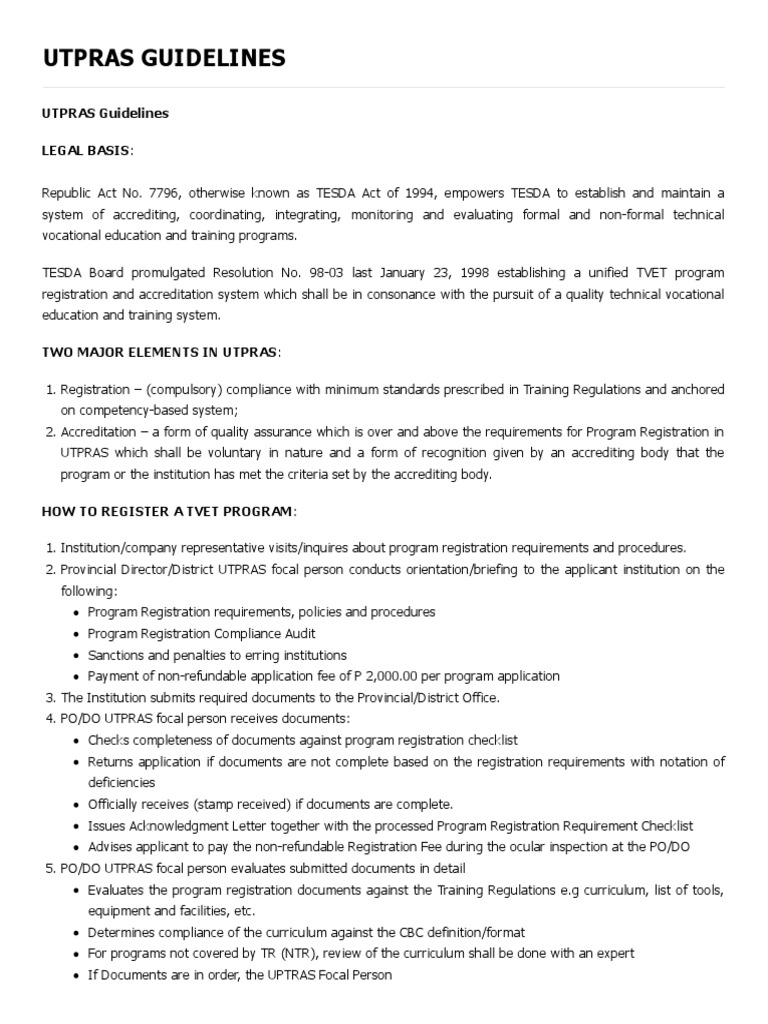 Utpras Guidelines - Tesda | PDF | Vocational Education | Regulatory ...