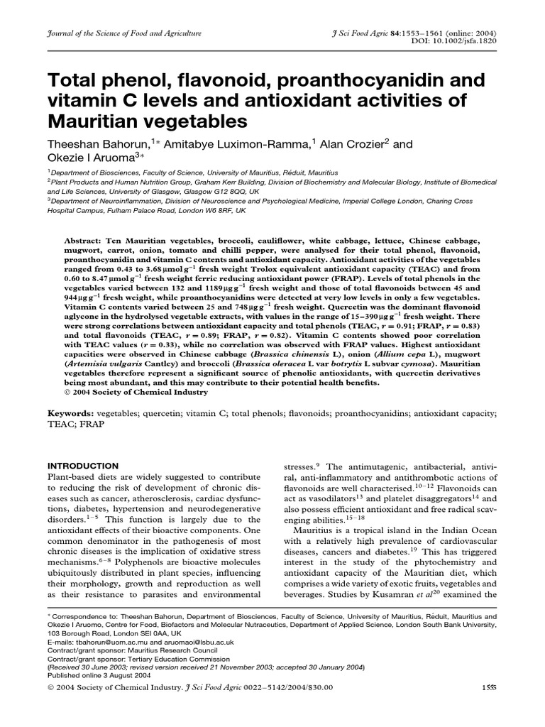 Total Phenol, Flavonoid, Proanthocyanidin and Vitamin C Levels and Antioxidant Activities of ...
