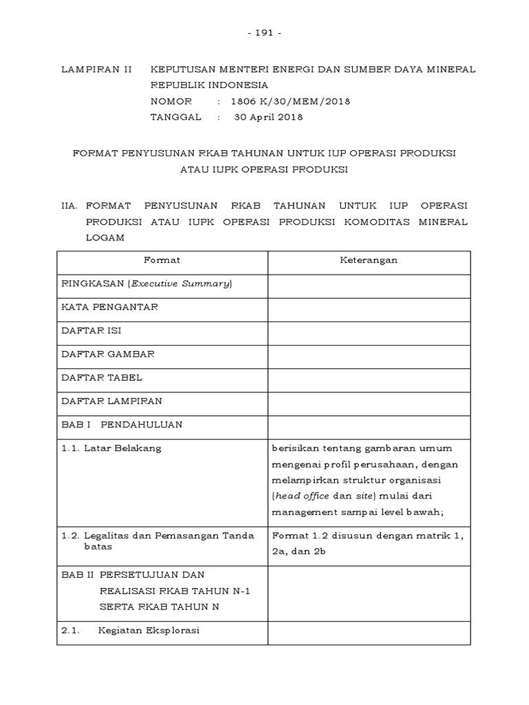 FORMAT PENYUSUNAN RKAB TAHUNAN UNTUK IUP OPERASI PRODUKSI ATAU IUPK ...