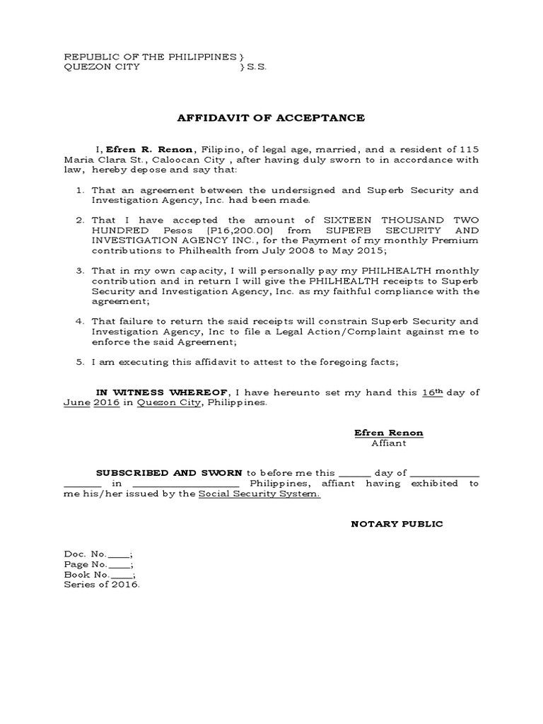 Affidavit of Acceptance Renon