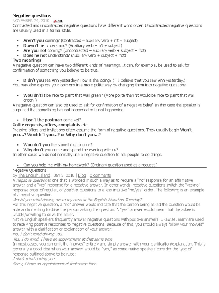 Du Lesson - Negative Questions | PDF | Perfect (Grammar) | Question