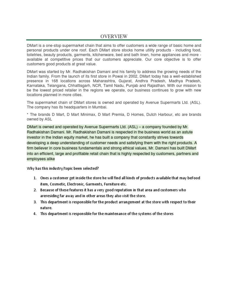 OVERVIEW of D-Mart | PDF | Retail | Brand