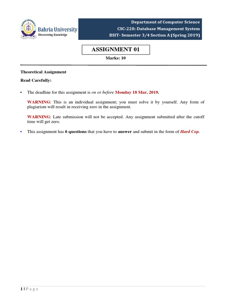 Database Management Assignment 01 | PDF | Databases | Information Technology