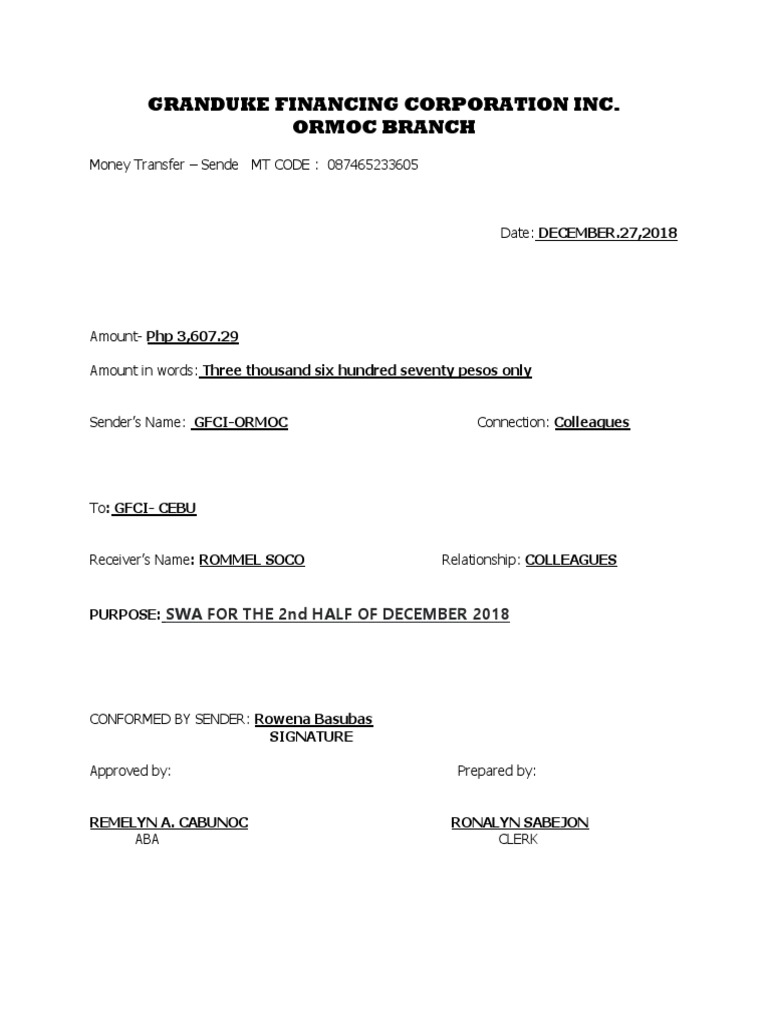 Money Transfer Receipt - GFCI Ormoc | PDF