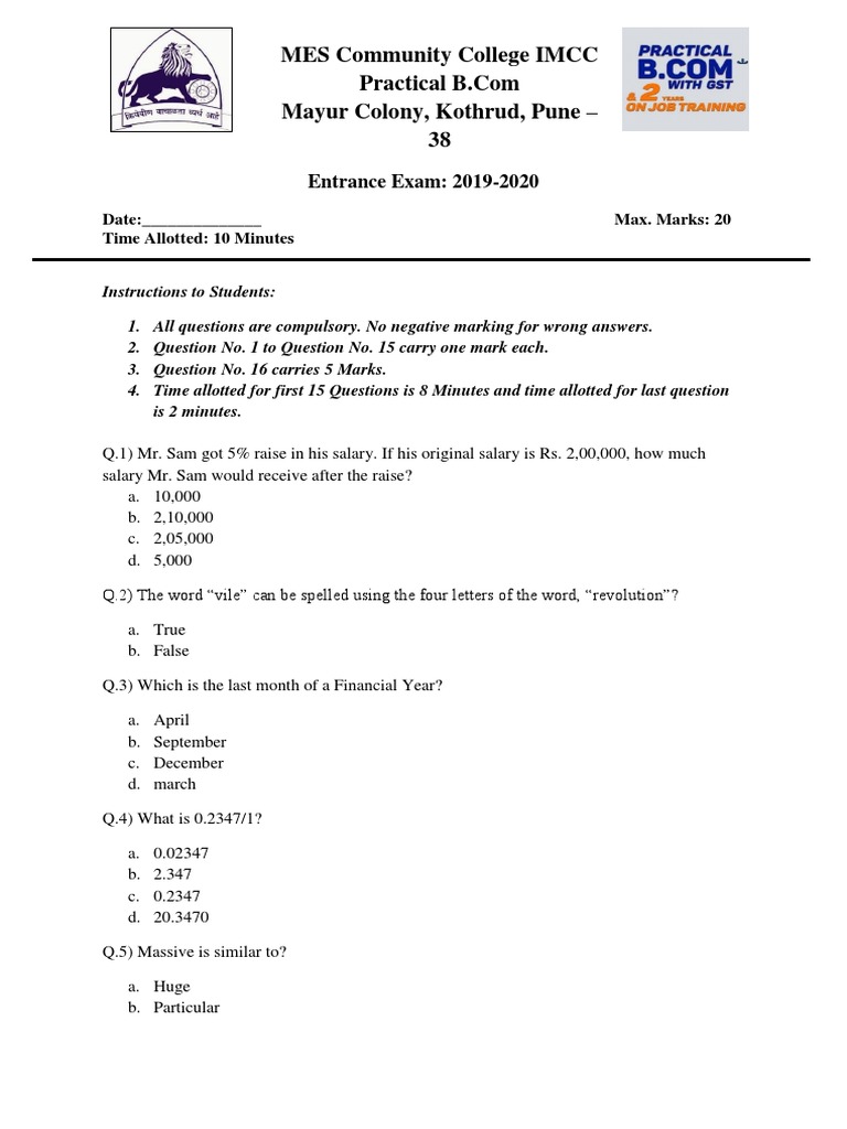Entrance Exam Question Paper | PDF | Economies | Business
