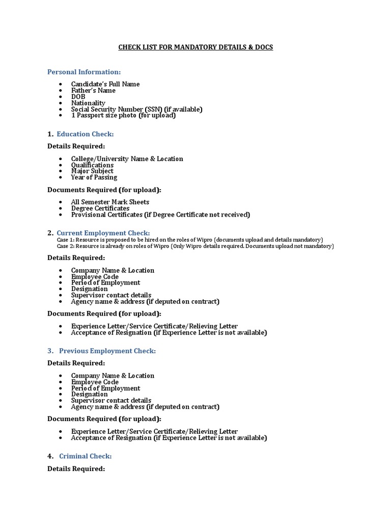 Personal Information:: Check List For Mandatory Details & Docs | PDF ...