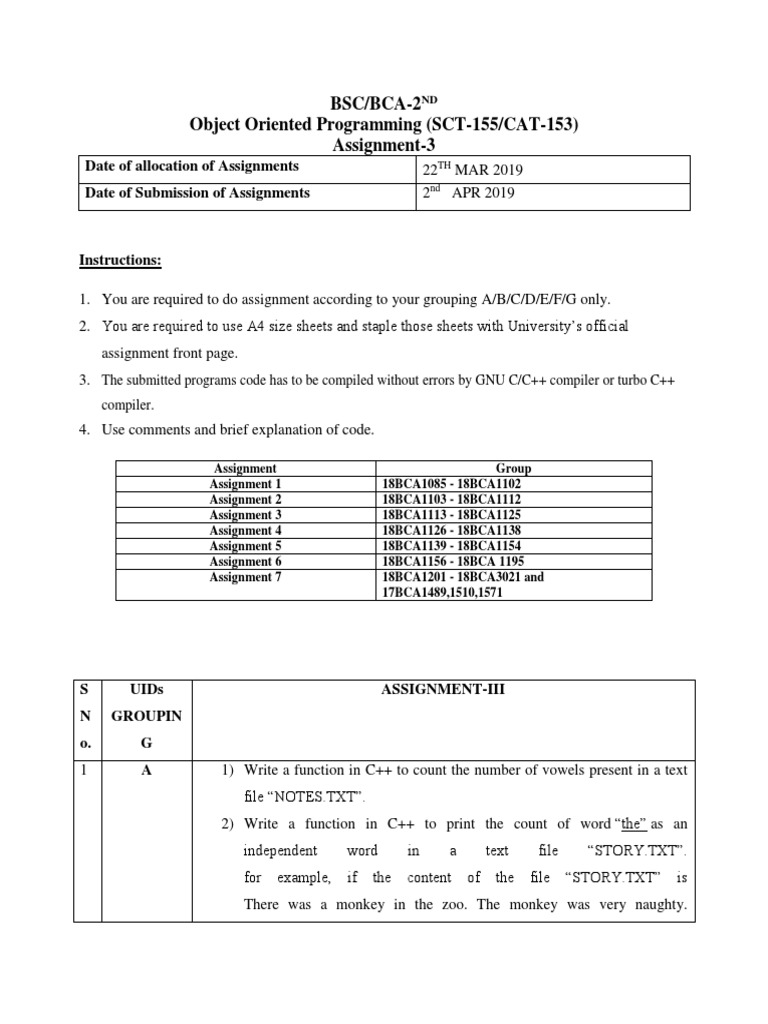 BSC/BCA-2 Object Oriented Programming (SCT-155/CAT-153) Assignment-3 | PDF | Pointer (Computer ...