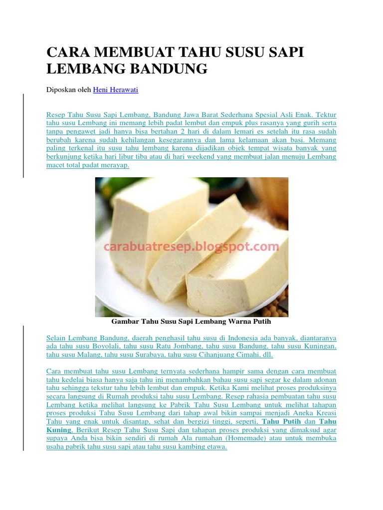 Cara Membuat Tahu Susu Lembang | PDF | Memasak, Makanan, & Anggur