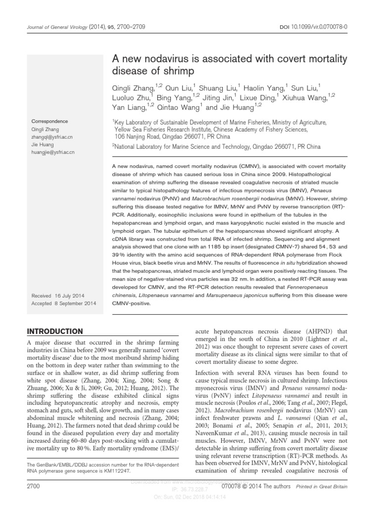 A New Nodavirus Is Associated With Covert Mortality Disease of Shrimp ...