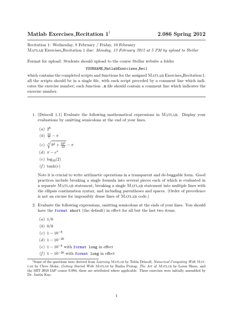 Matlab Exercises Recitation 1 2.086 Spring 2012: Format | PDF | Matlab ...