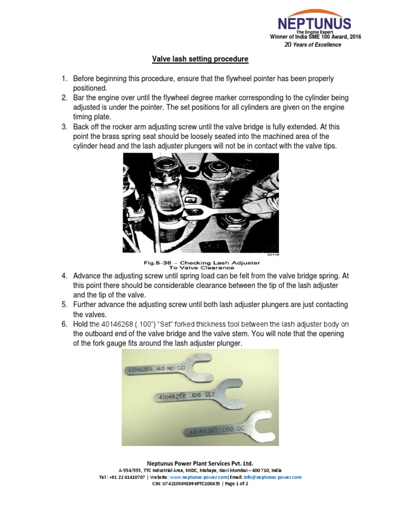 Valve Lash Setting Procedure Guide | PDF | Valve | Machines