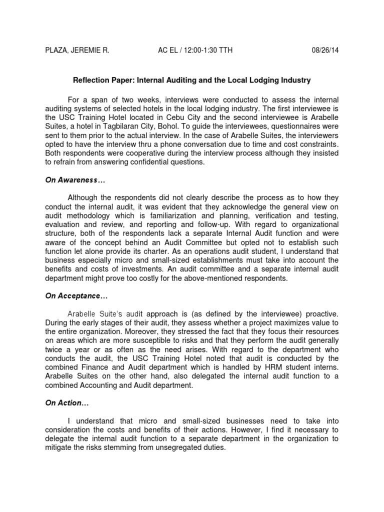 Reflection Paper | PDF | Internal Audit | Interview