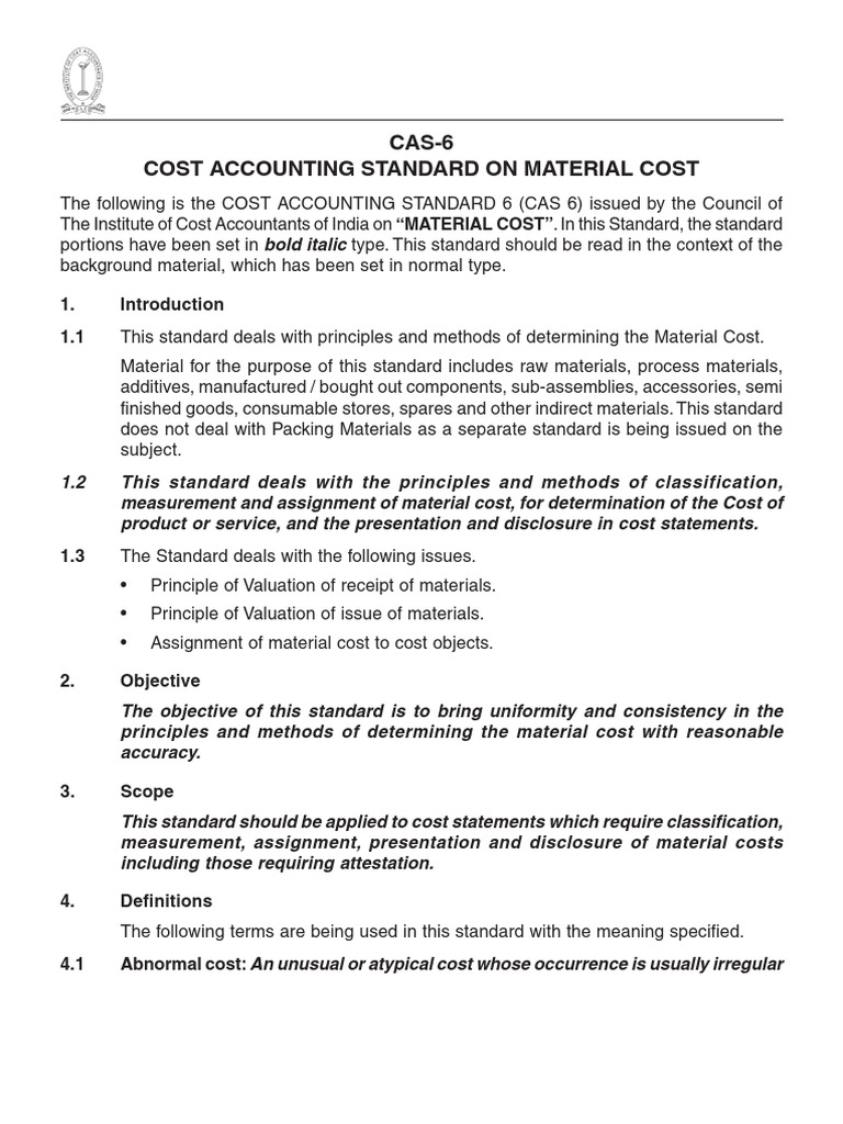 CAS-6 Cost Accounting Standard On Material Cost | PDF | Cost ...