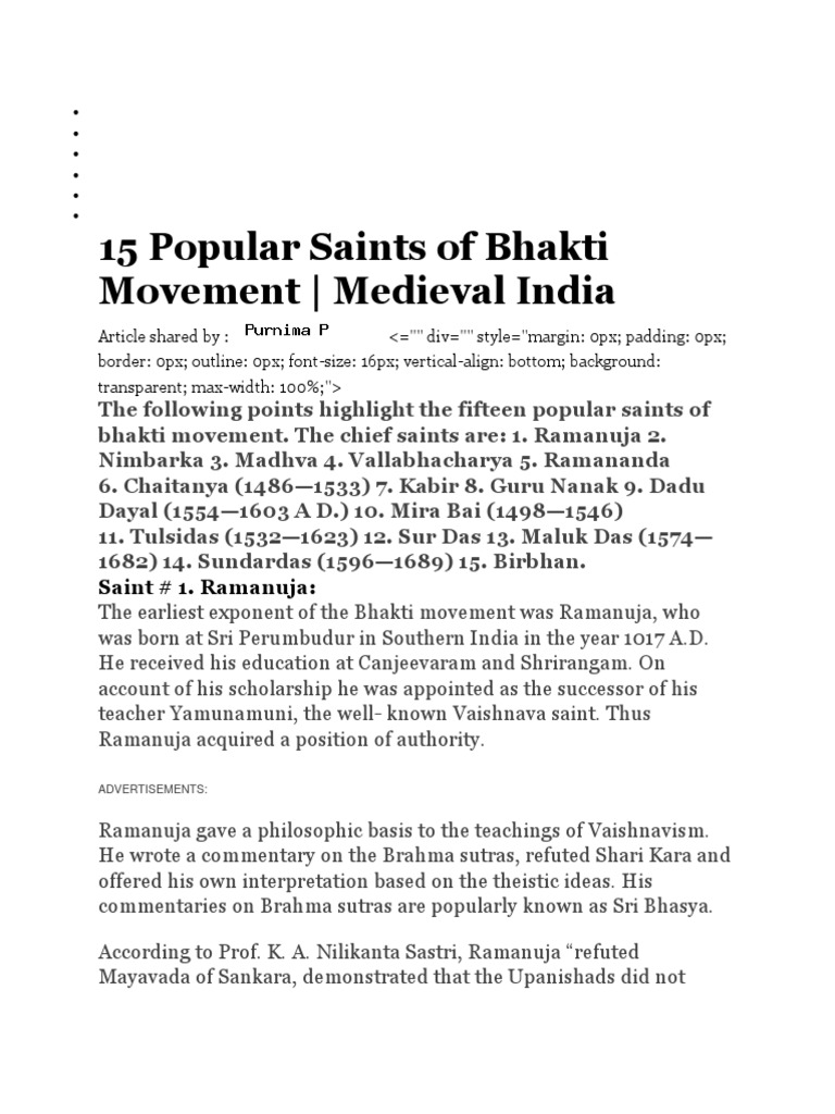 15 Popular Saints of Bhakti Movement - Medieval India | PDF ...