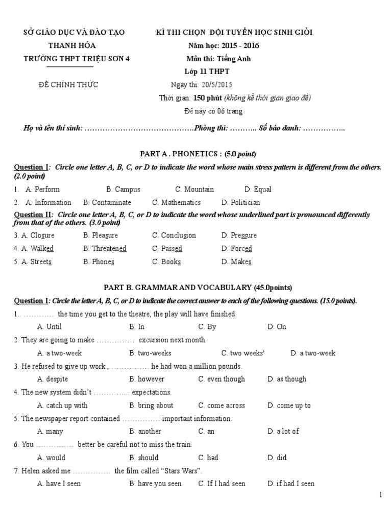 De Thi Hoc Sinh Gioi Mon Tieng Anh Lop 11 Truong THPT Trieu Son 4 Thanh Hoa Nam 2015 | PDF ...