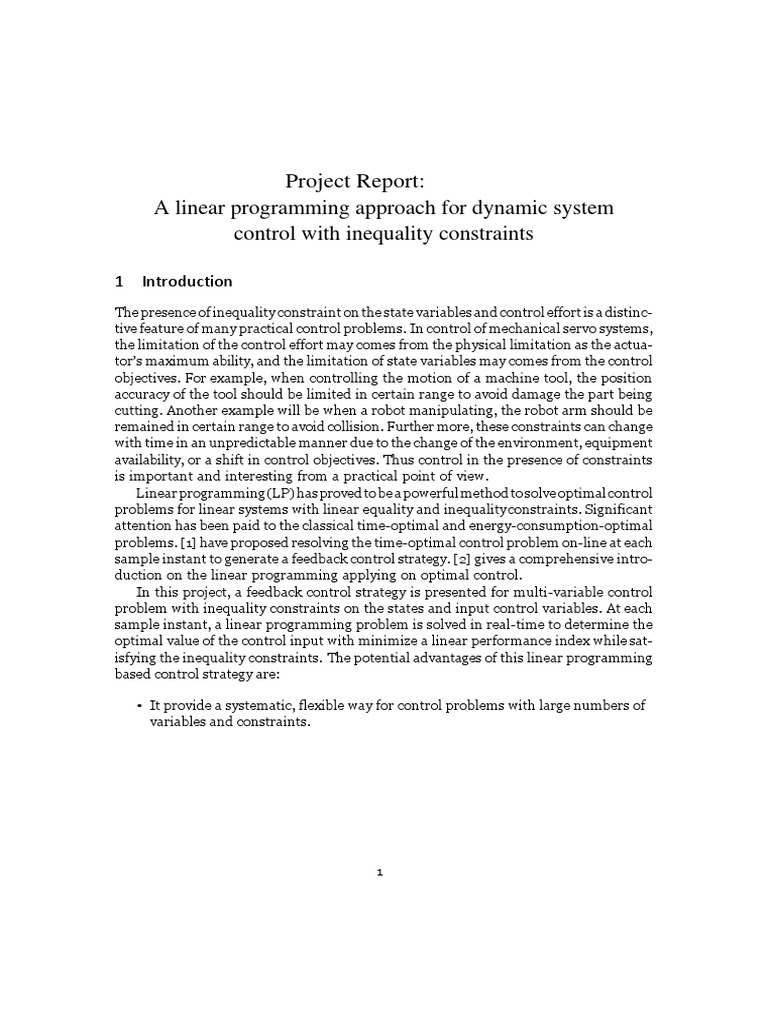 Project Report A Linear Programming Approach For Dynamic System Control With Inequality