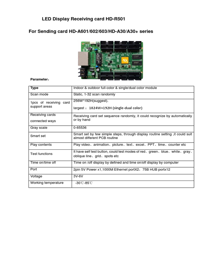LED Display Receiving Card HD-R501: Parameter Type | PDF