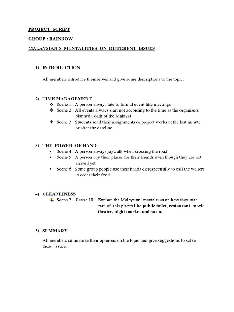 Project Script Group: Rainbow Malaysian'S Mentalities On Different ...