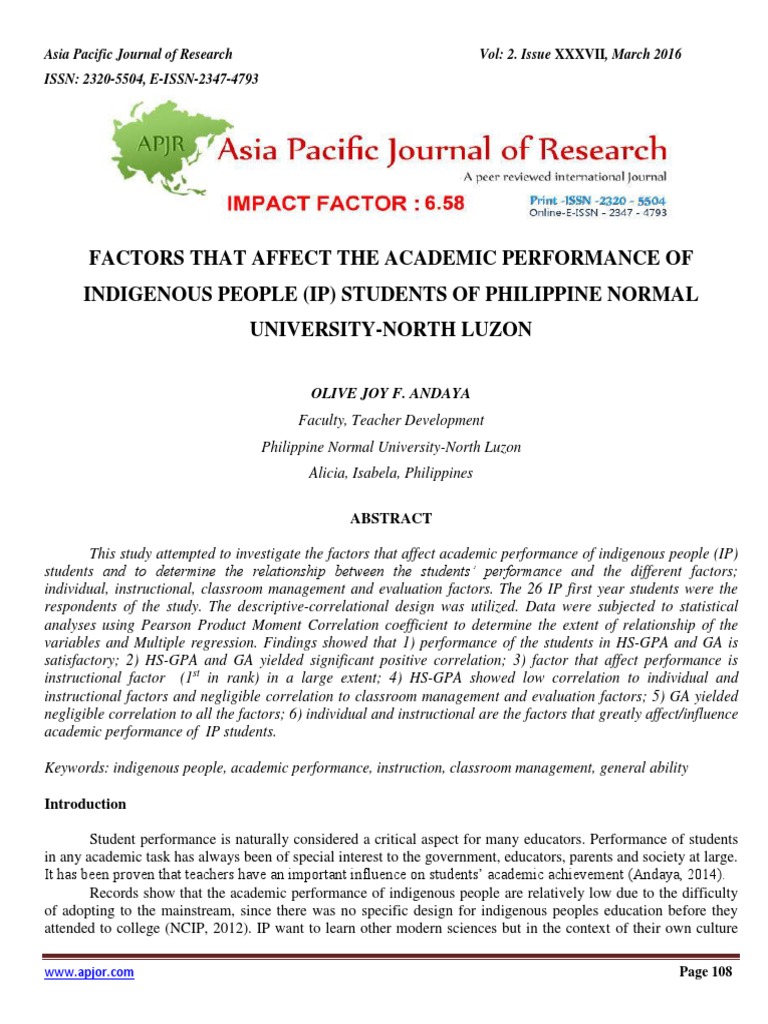 Factors That Affect The Academic Performance of Indigenous People (Ip ...