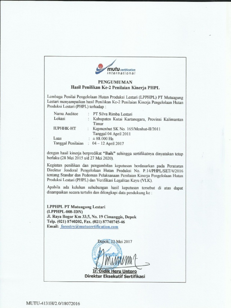 Pengumuman Hasil Penilikan 2 PHPL PT Silva Rimba Lestari 2017 | PDF