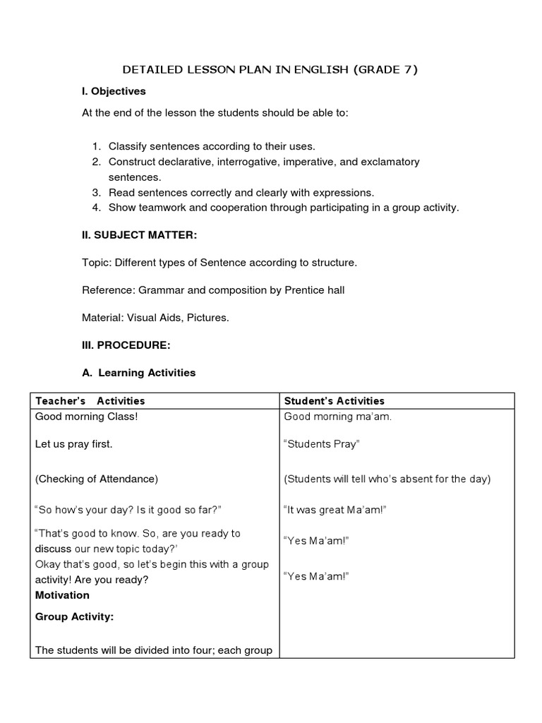 Detailed Lesson Plan in English (Grade 7) I. Objectives | PDF ...
