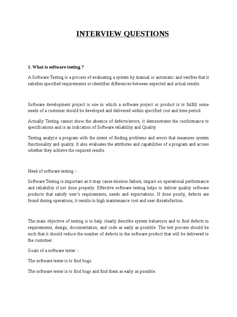 Interview Questions: 1. What Is Software Testing ? | PDF | Software ...