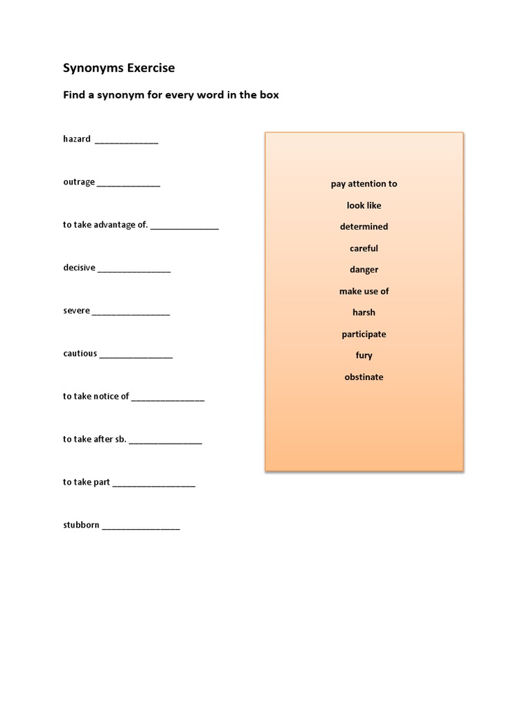 Synonyms Exercise: Find A Synonym For Every Word in The Box | PDF