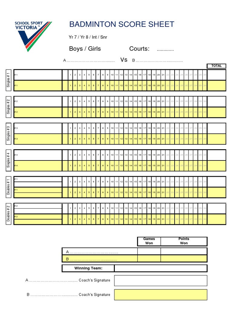 Badminton Match Score Sheet Template | PDF | Leisure | Sports