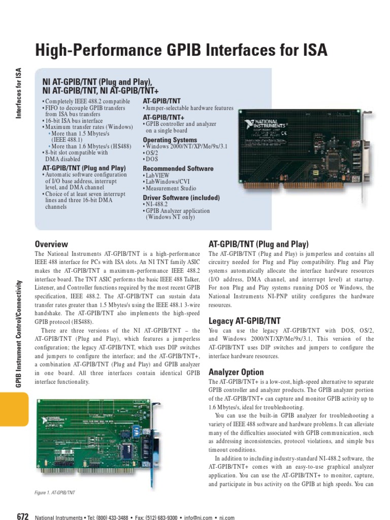 High-Performance GPIB Interfaces For ISA: NI AT-GPIB/TNT (Plug and Play ...