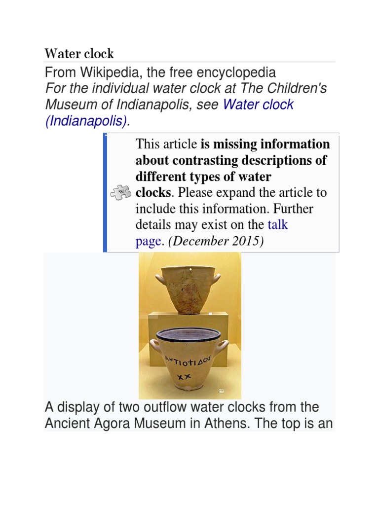 From Wikipedia, The Free Encyclopedia: For The Individual Water Clock ...