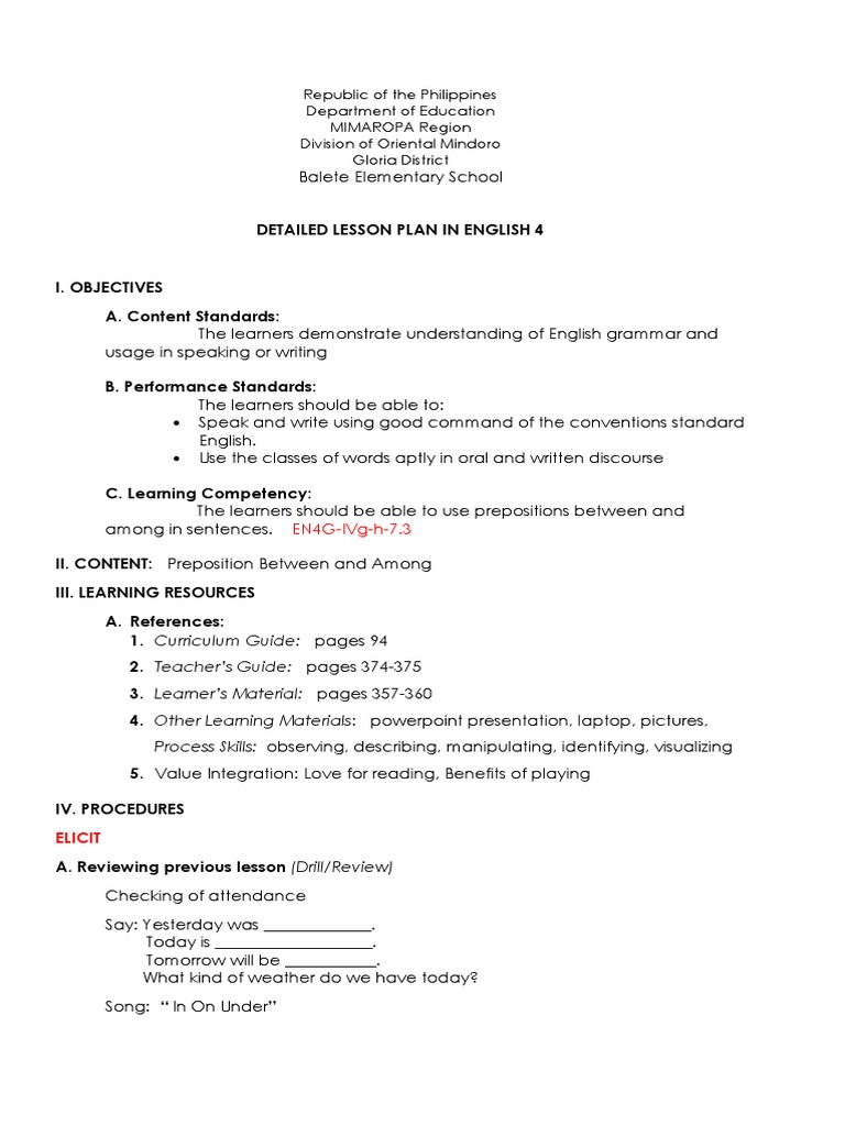 Balete Elementary School's Detailed Lesson Plan on Using Prepositions ...