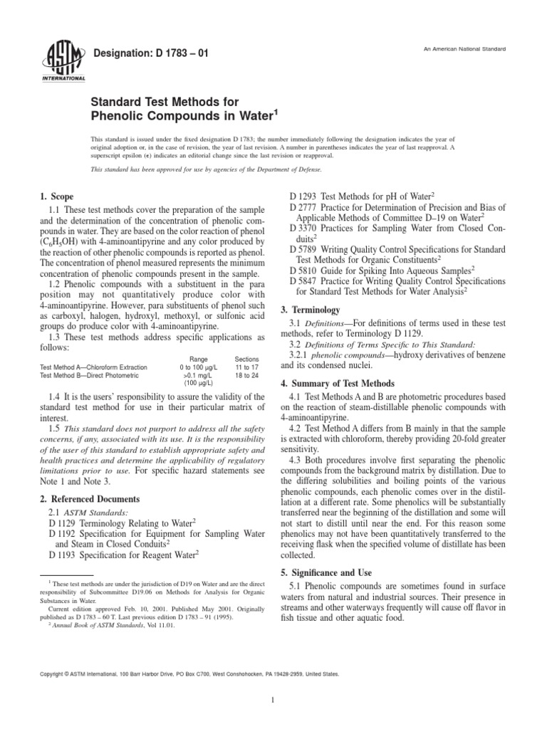 Phenolic Compounds in Water: Standard Test Methods For | PDF ...