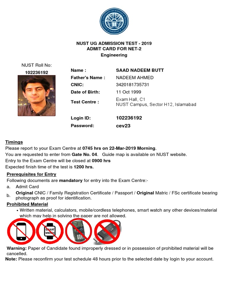 Exam Hall, C1 NUST Campus, Sector H12, Islamabad | PDF