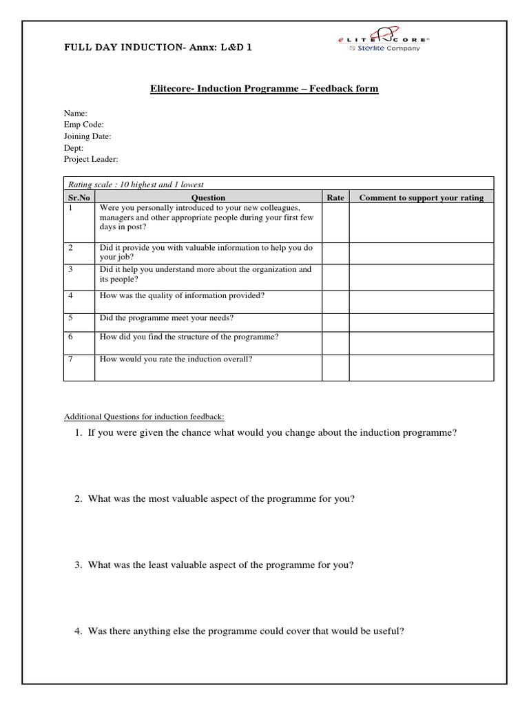 Induction Programme Feedback Form | PDF