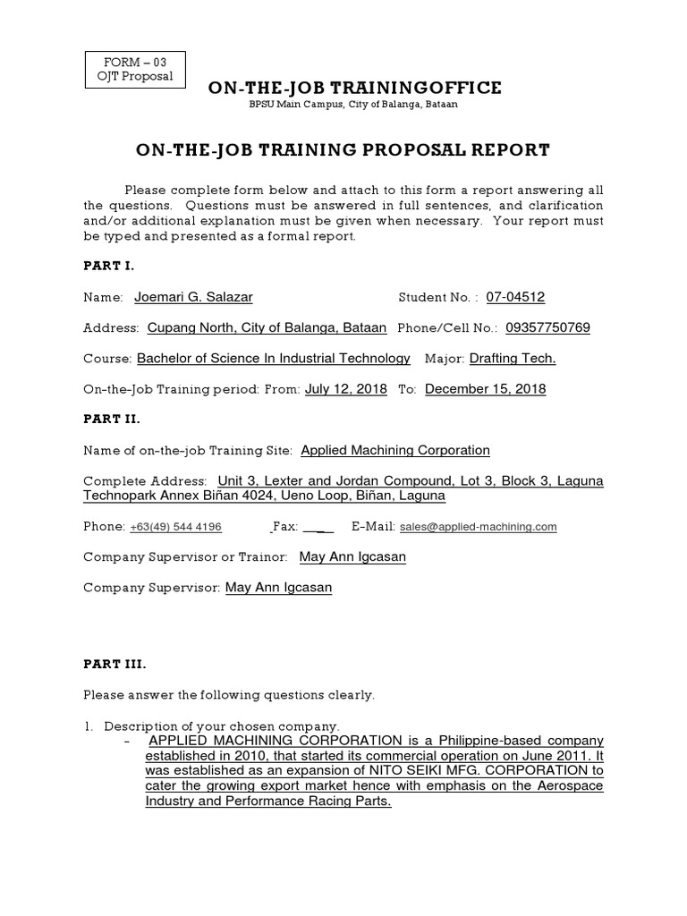 OJT Proposal Report for Industrial Tech | PDF | Attitude (Psychology ...