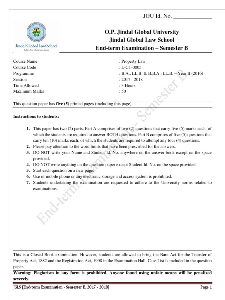 JGU Property Law Exam Question Paper | PDF | Deed | Franchising